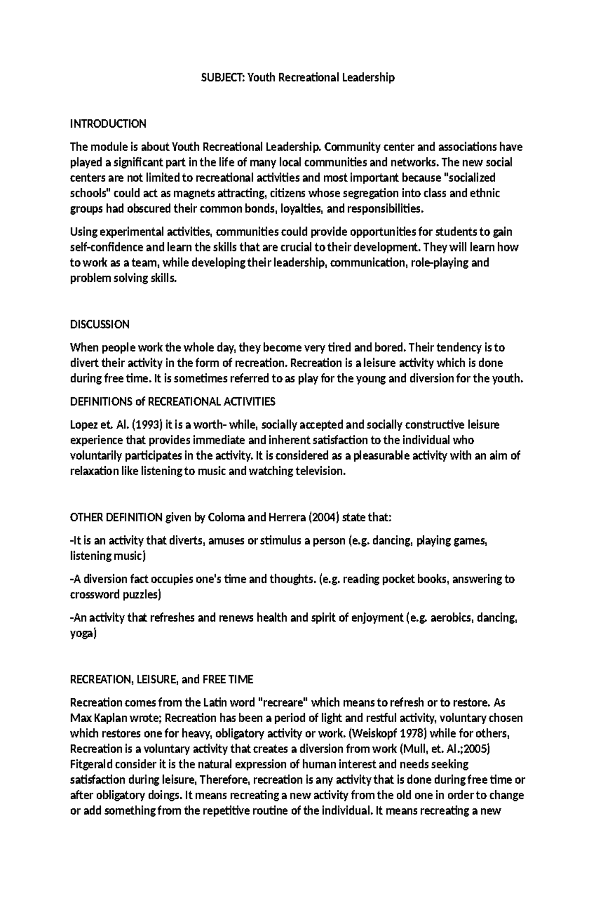 Leadershipnrecreation - SUBJECT: Youth Recreational Leadership ...