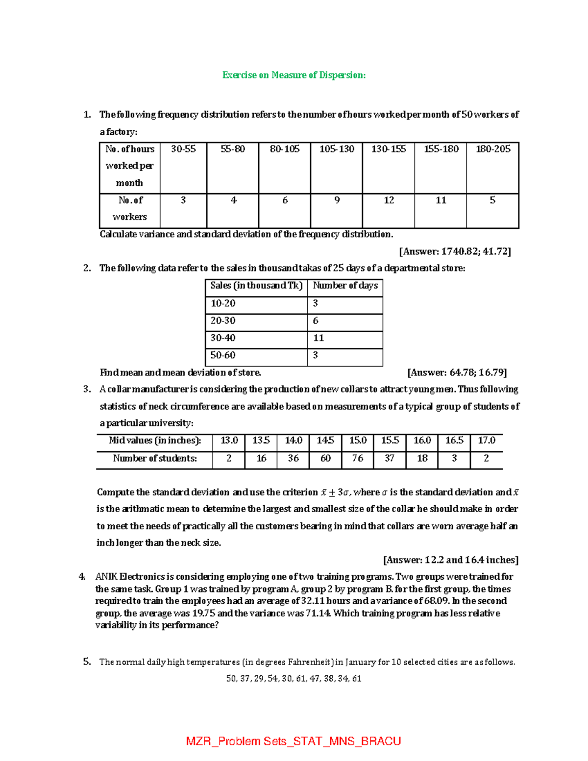 Problem Set 4 (Math Exercise on Measure of Dispersion) - Exercise on ...