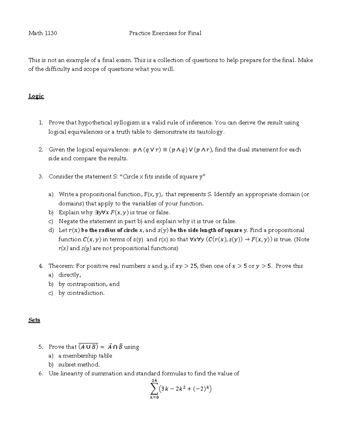 Math 1130 Practice Exercises for Final - This is a collection of questions to help prepare for ...