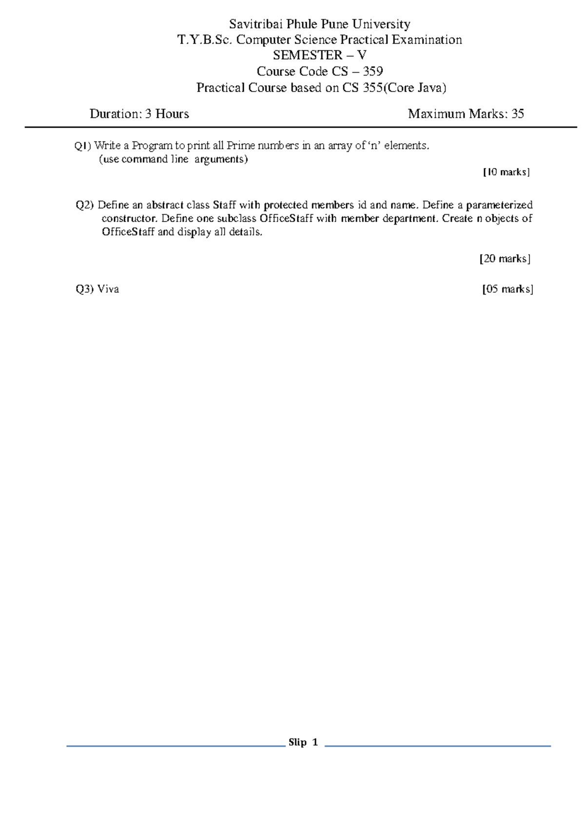 TY Lab-III CS-359 Core JAVA slip (Rev 2021-22) - T.Y.B. Computer Science Practical Examination ...