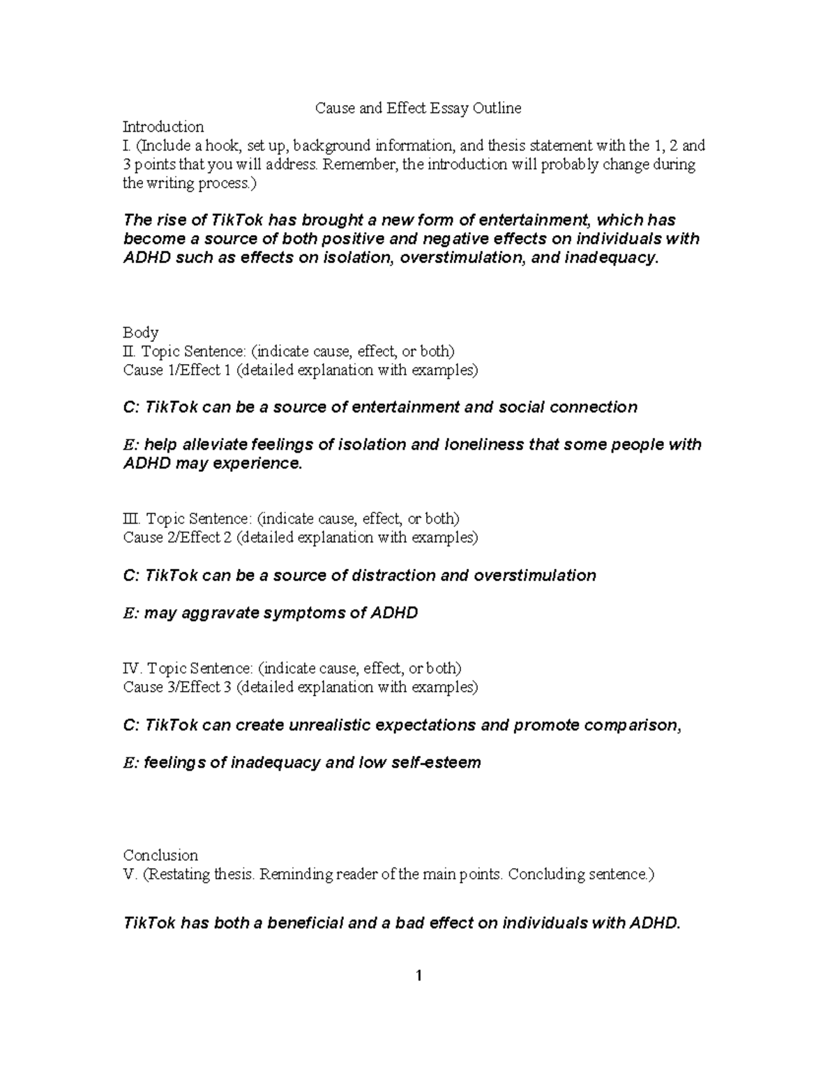 Cause and effect outline short essay - Cause and Effect Essay Outline ...