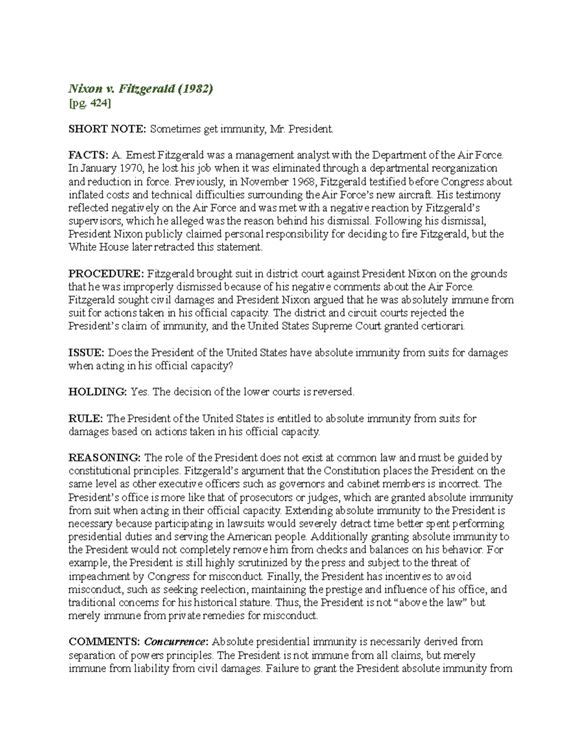 Constitutional Law - Prof. Hurst 1 - Nixon v. Fitzgerald (1982) [pg ...