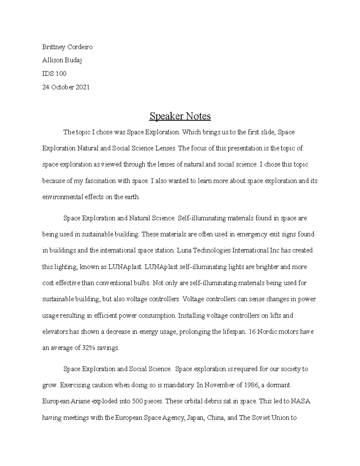 IDS 100 Speaker Notes for power point presentation - Brittney Cordeiro ...