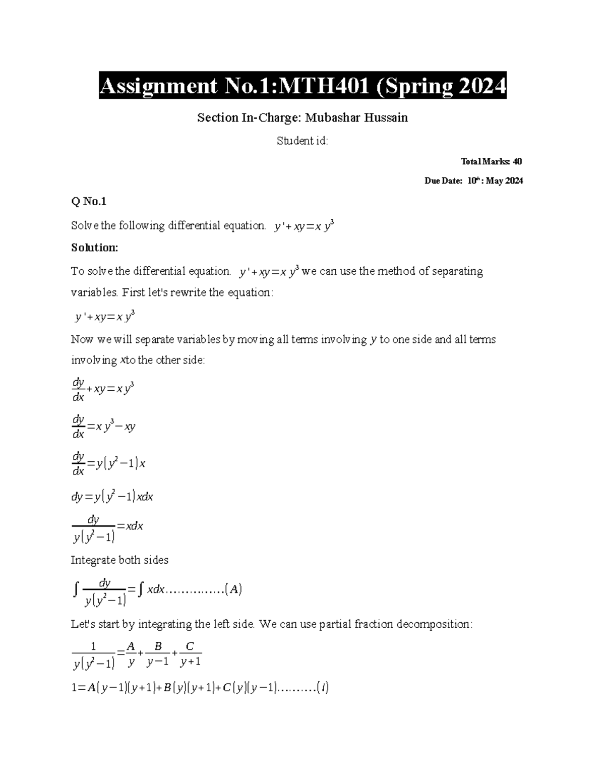 Mth401 Mubshir Hussain - Assignment No:MTH401 (Spring 2024 ####### Section In-Charge: Mubashar ...