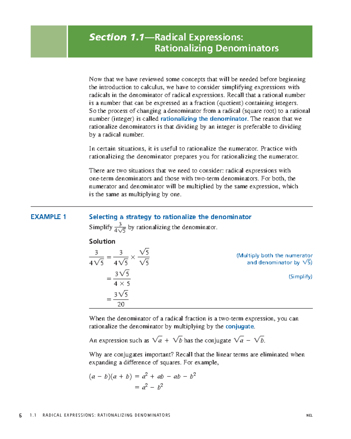 Cvsb 006 rationalizing denoms - 6 NEL Section 1—Radical Expressions ...