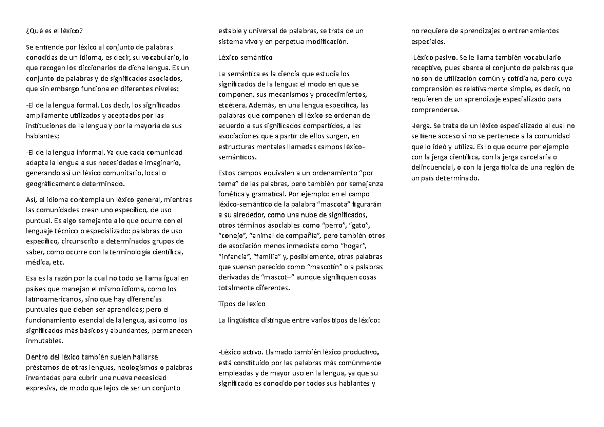 Qué es el léxico - lexico - ¿Qué es el léxico? Se entiende por léxico ...