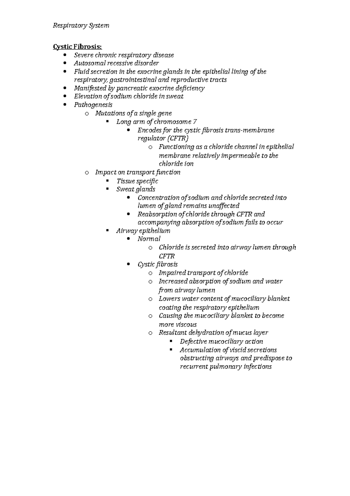 Cystic Fibrosis Lecture Notes - Respiratory System Cystic Fibrosis ...
