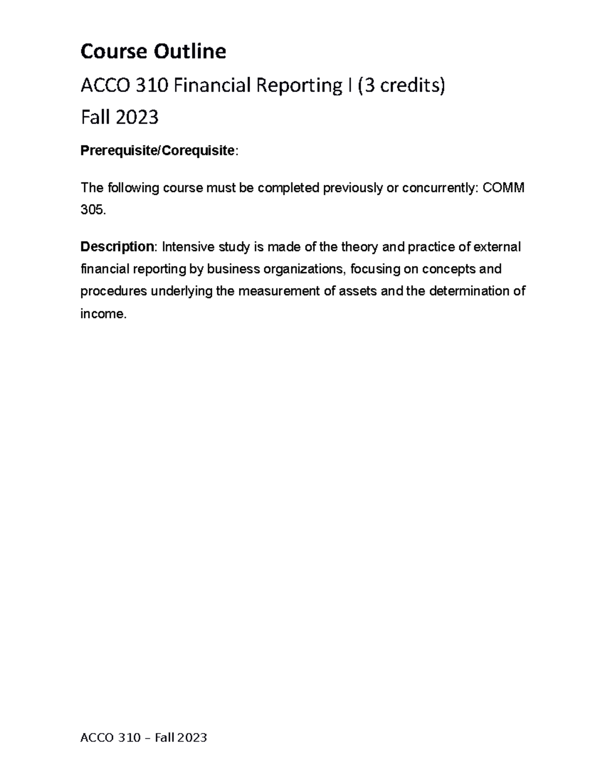 Course Outline ACCO 310 Fall 2023 - Course Outline ACCO 310 Financial ...