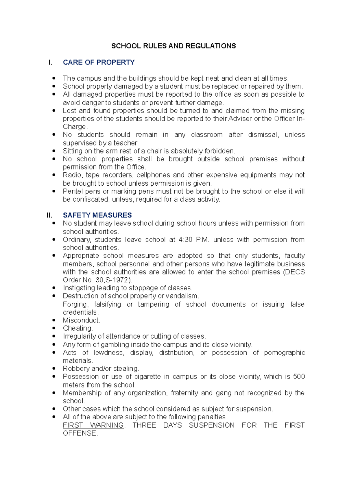 School- Rules - SCHOOL RULES AND REGULATIONS I. CARE OF PROPERTY The ...