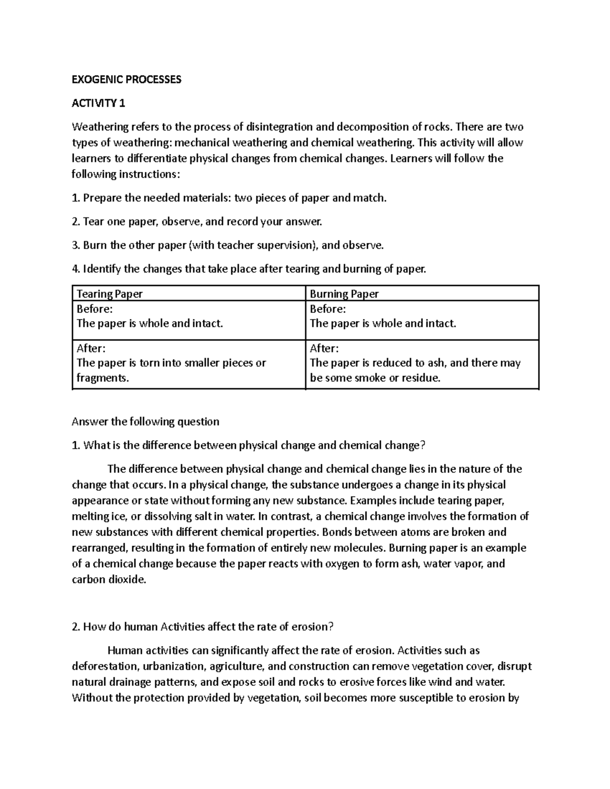 Pagsanjan Exogenic Processes - EXOGENIC PROCESSES ACTIVITY 1 Weathering ...