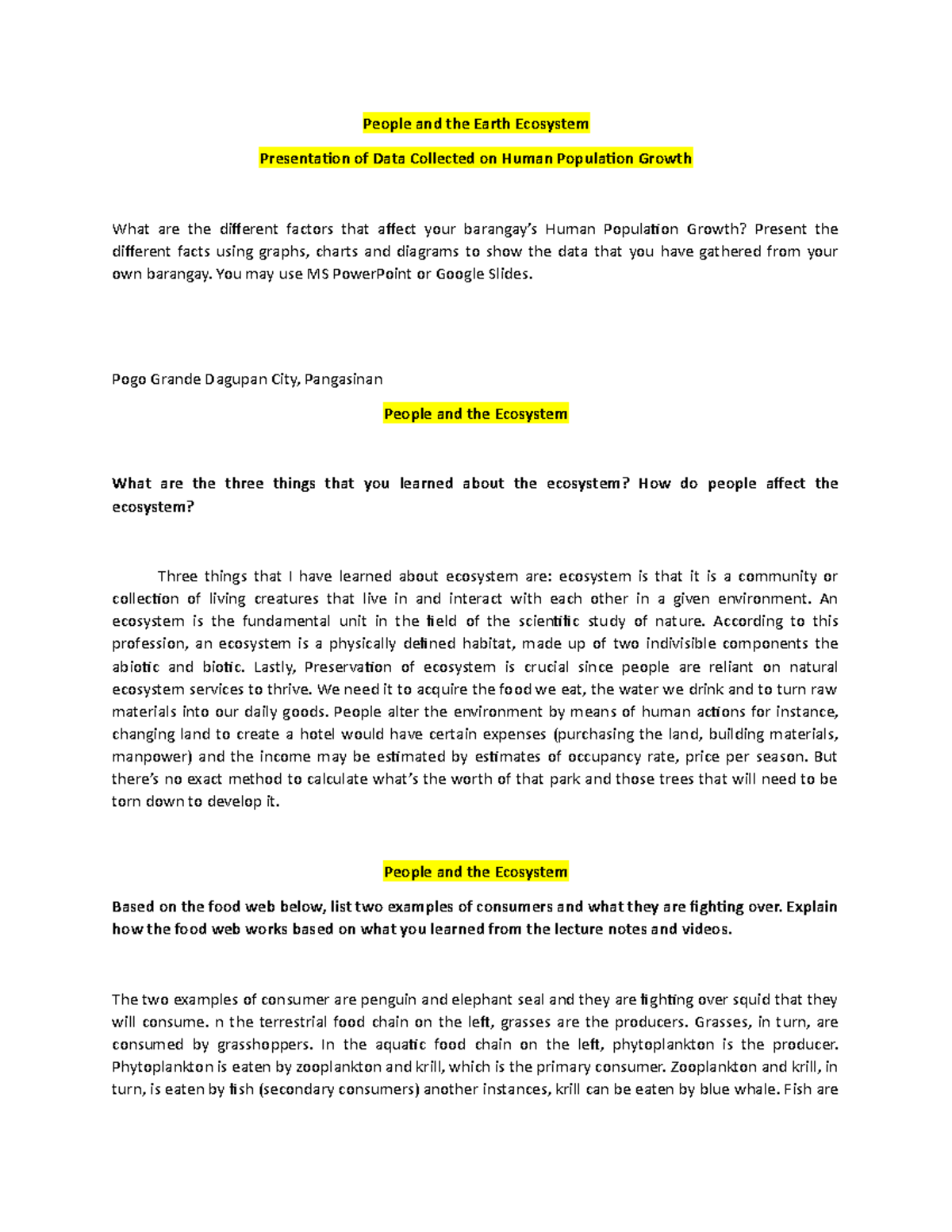 Essay - gsgsg - People and the Earth Ecosystem Presentation of Data ...