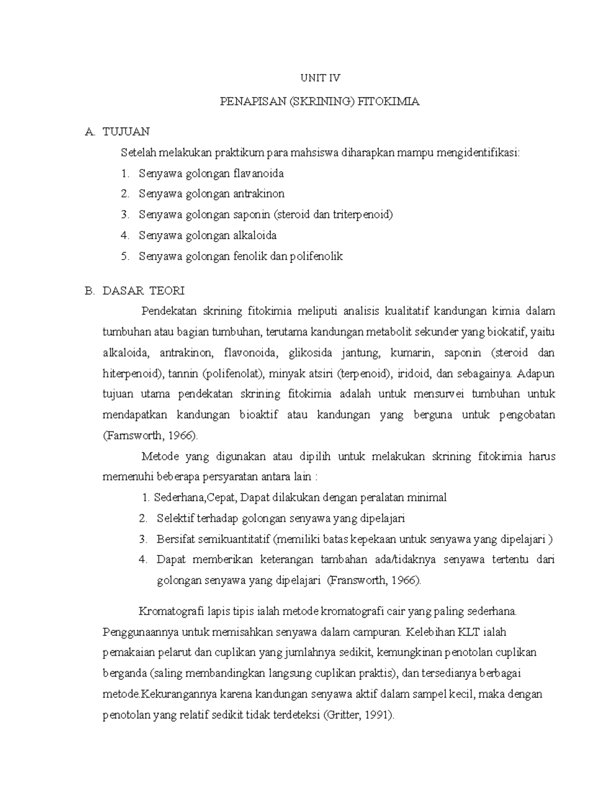 Ff unit5 laporan - UNIT IV PENAPISAN (SKRINING) FITOKIMIA A. TUJUAN ...