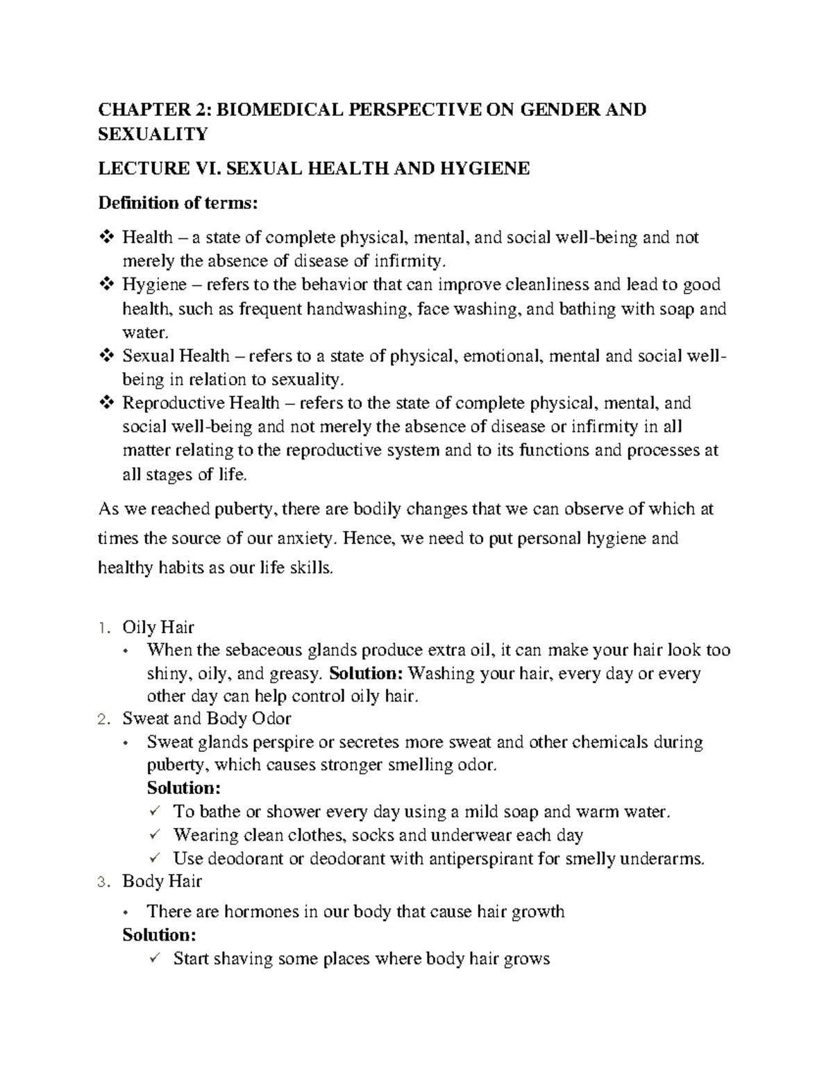 Chapter 2- Lecture VI. Sexual Health AND Hygiene - CHAPTER 2 ...