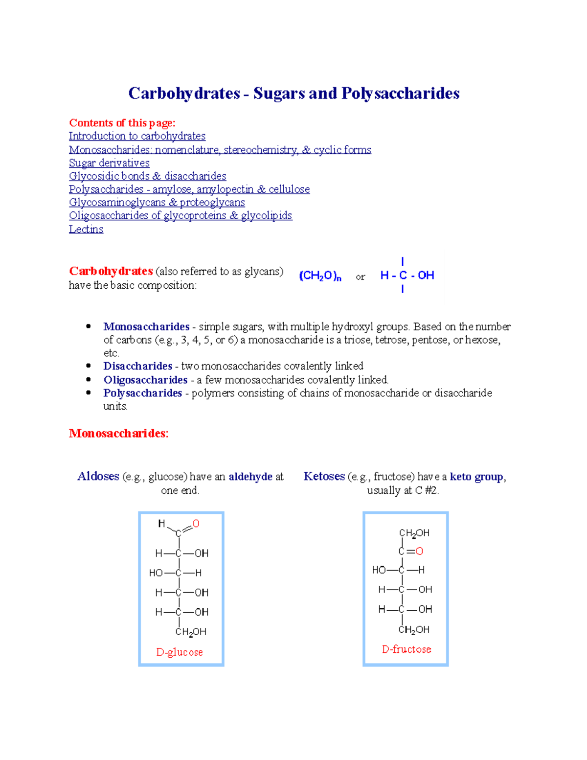 Carbohydrates - notes - Carbohydrates - Sugars and Polysaccharides ...