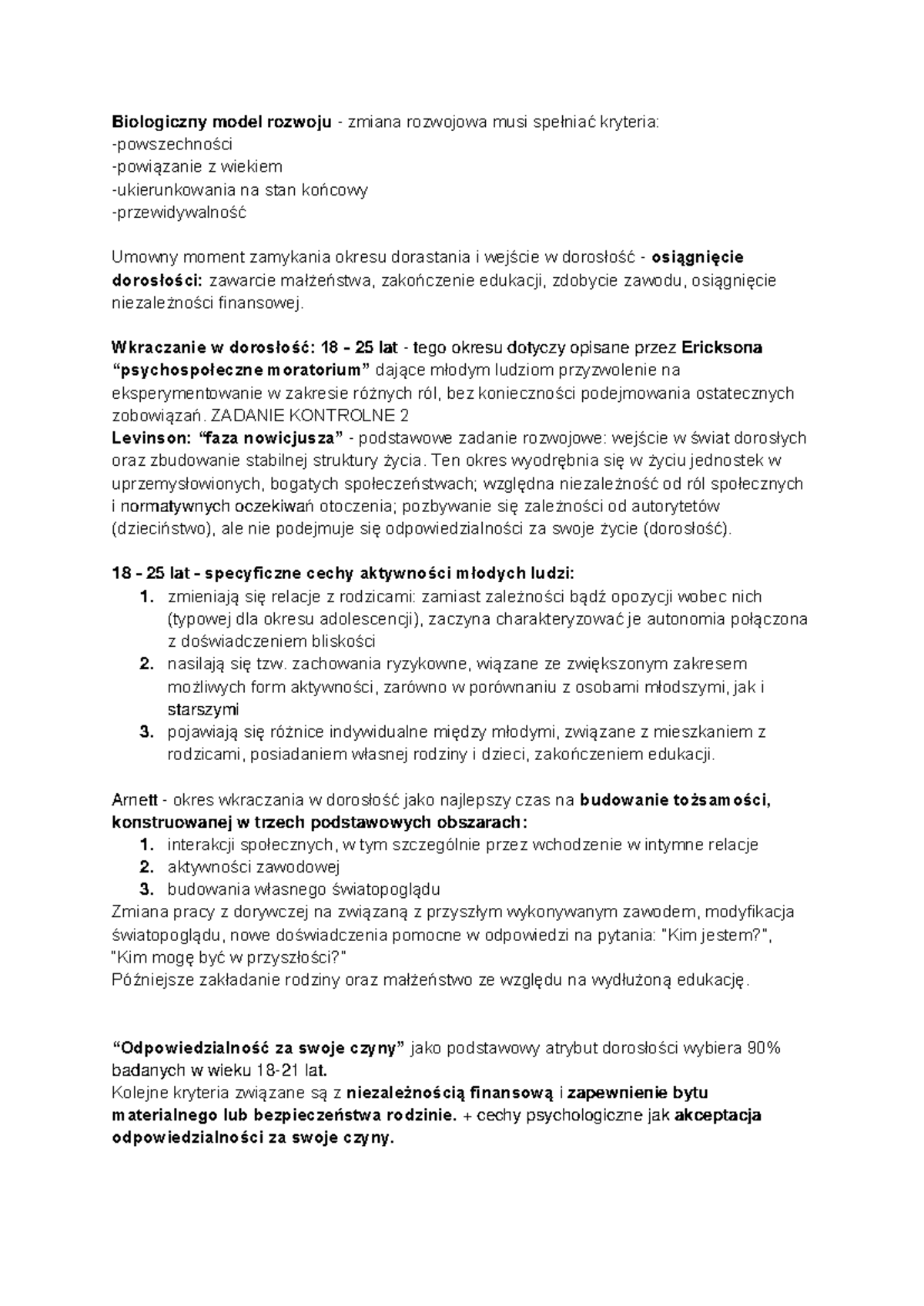 Kolokwium 2 rozdział 11 Wczesna dorosłość - Biologiczny model rozwoju ...