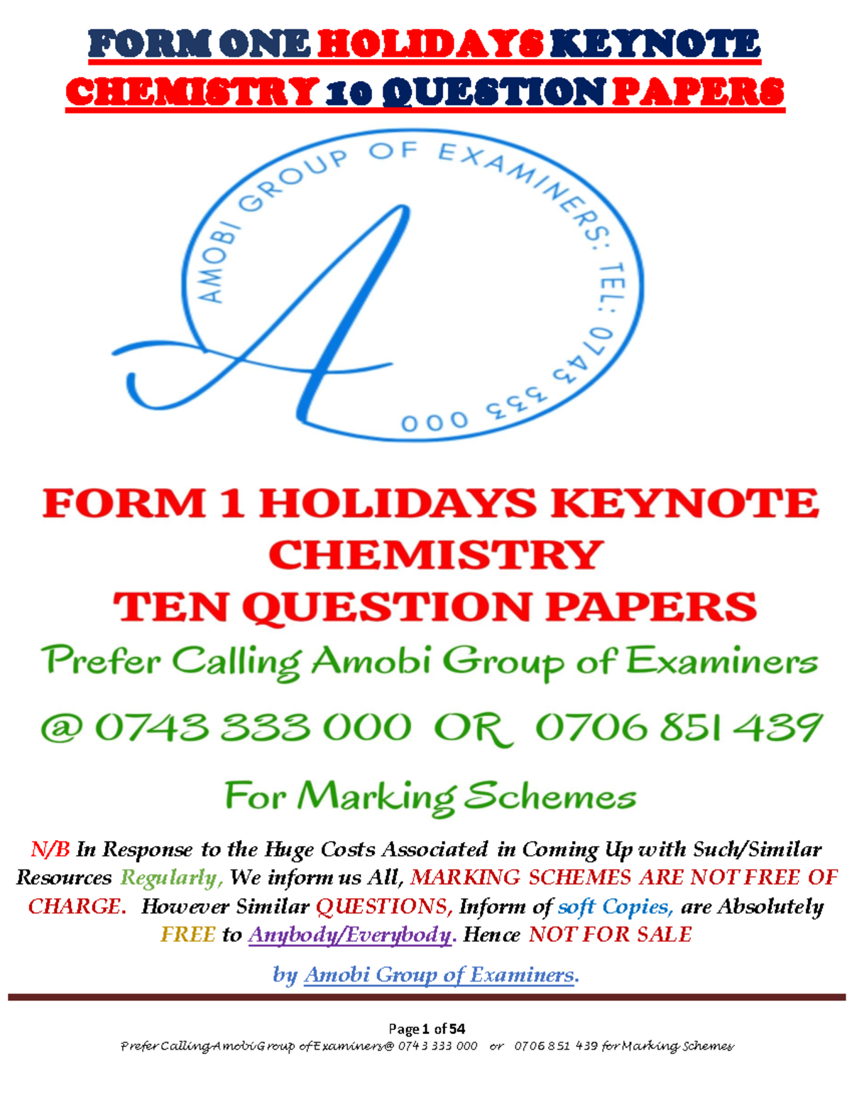 F1 CHEM H-KN 10 QP - revision - Page 1 of 54 FORM ONE HOLIDAYS KEYNOTE ...