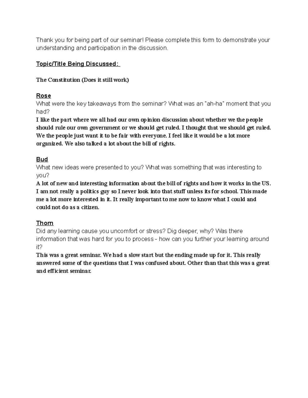 Constitution Seminar Reflection - Thank you for being part of our ...