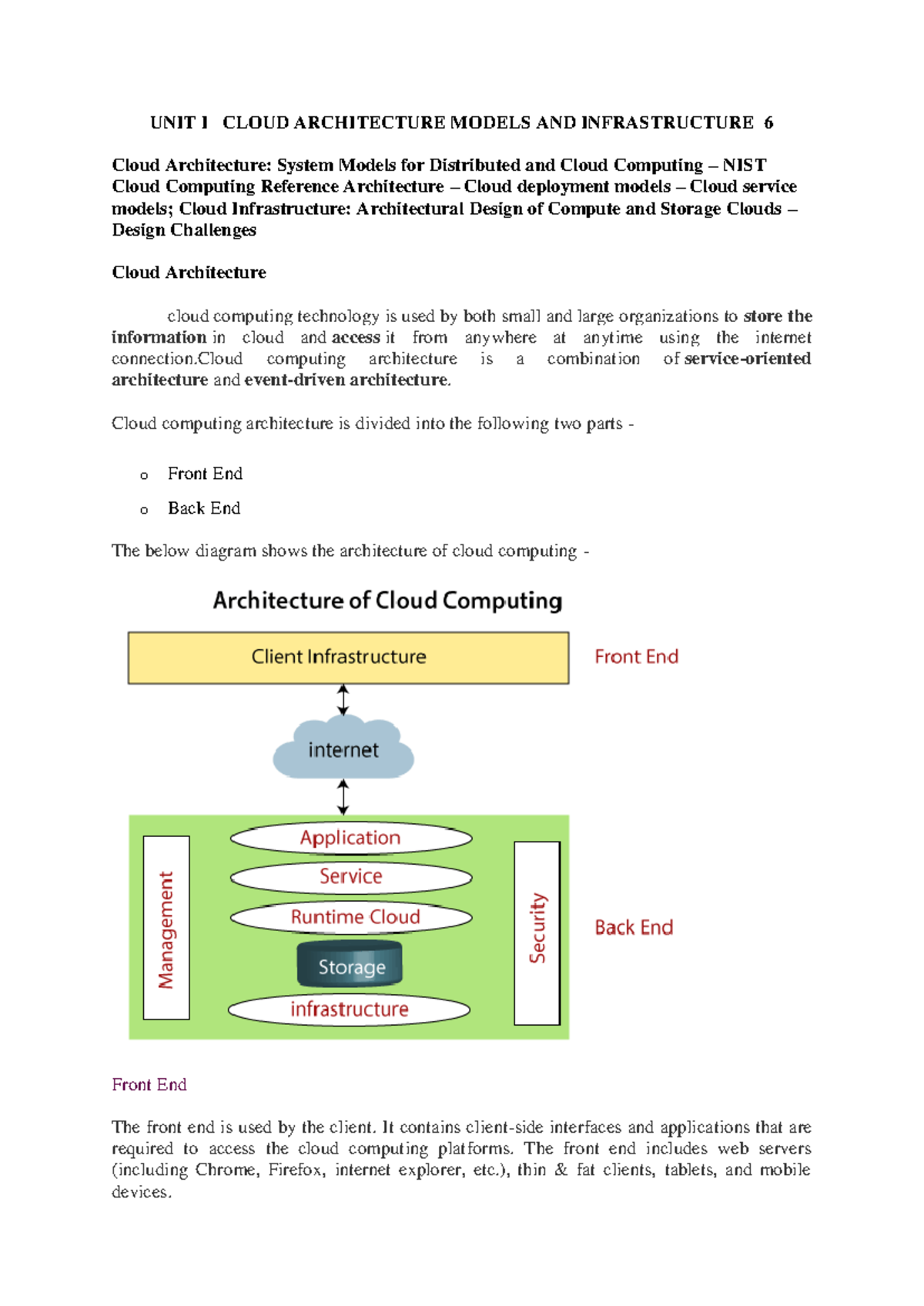 Ccs335 Cloud Computing Notes Unit I Cloud Architecture Models And