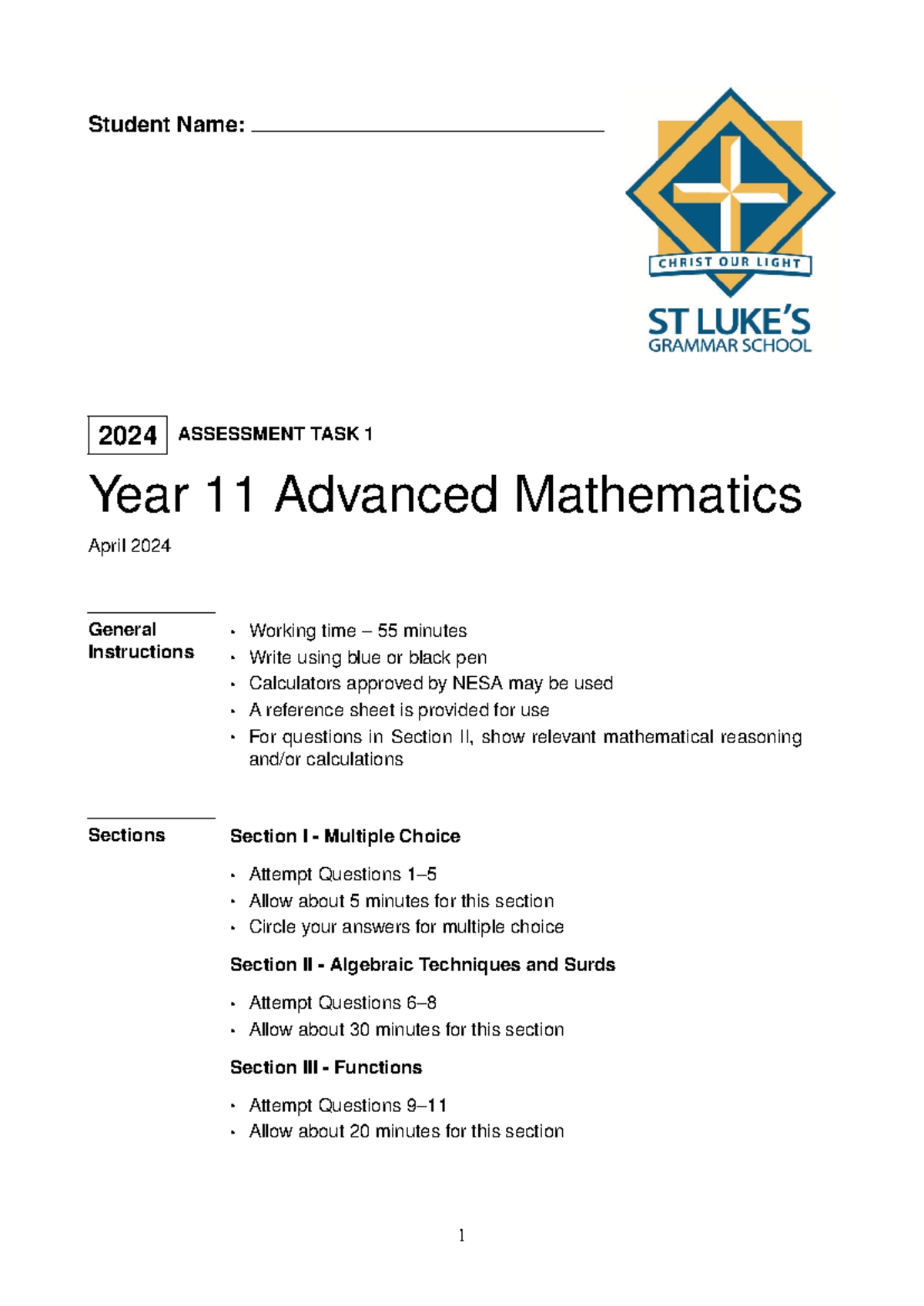 2024 Y11MAdv Task 1-1 - task 1 year 11 - Student Name: 2024 ASSESSMENT ...