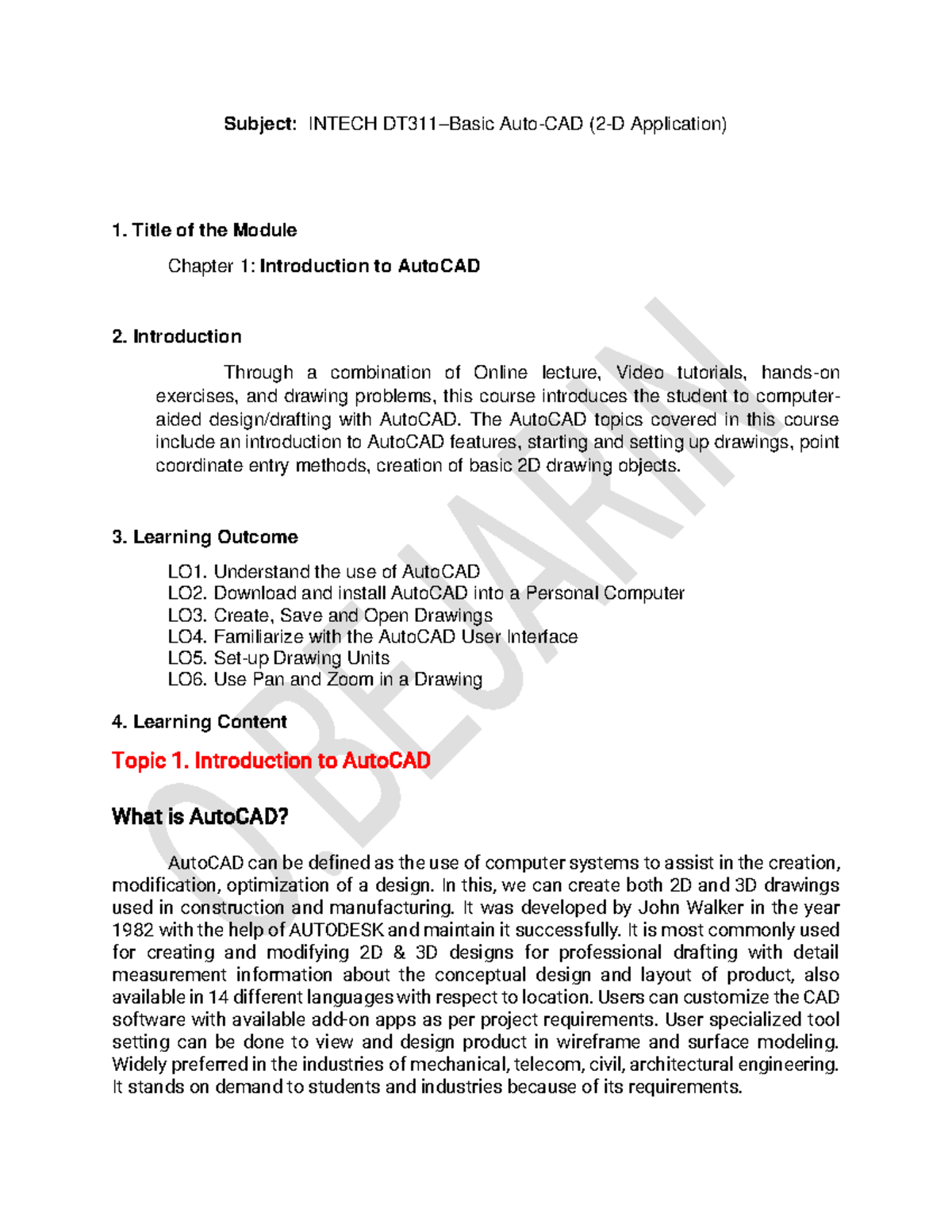 Chapter 1 Module - computer aided drafting - Subject: INTECH DT311 ...