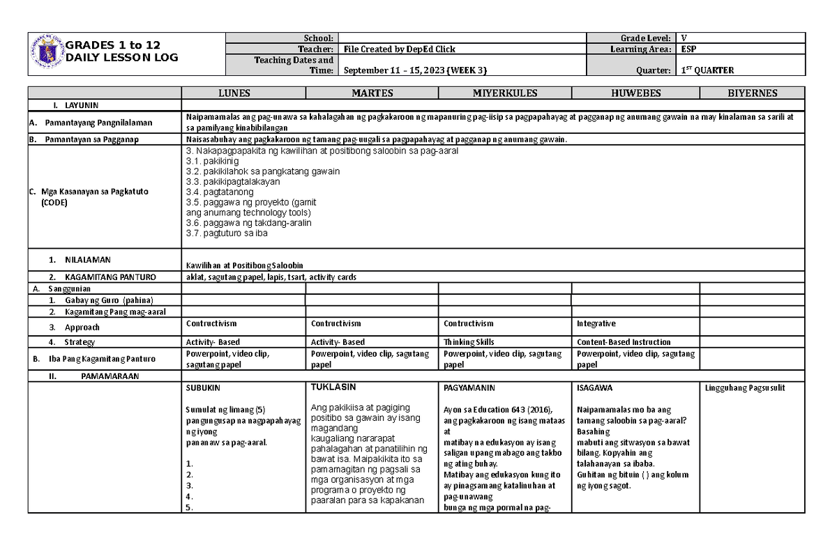 DLL ESP 5 Q1 W3 - PERSONAL NOTES - GRADES 1 to 12 DAILY LESSON LOG ...