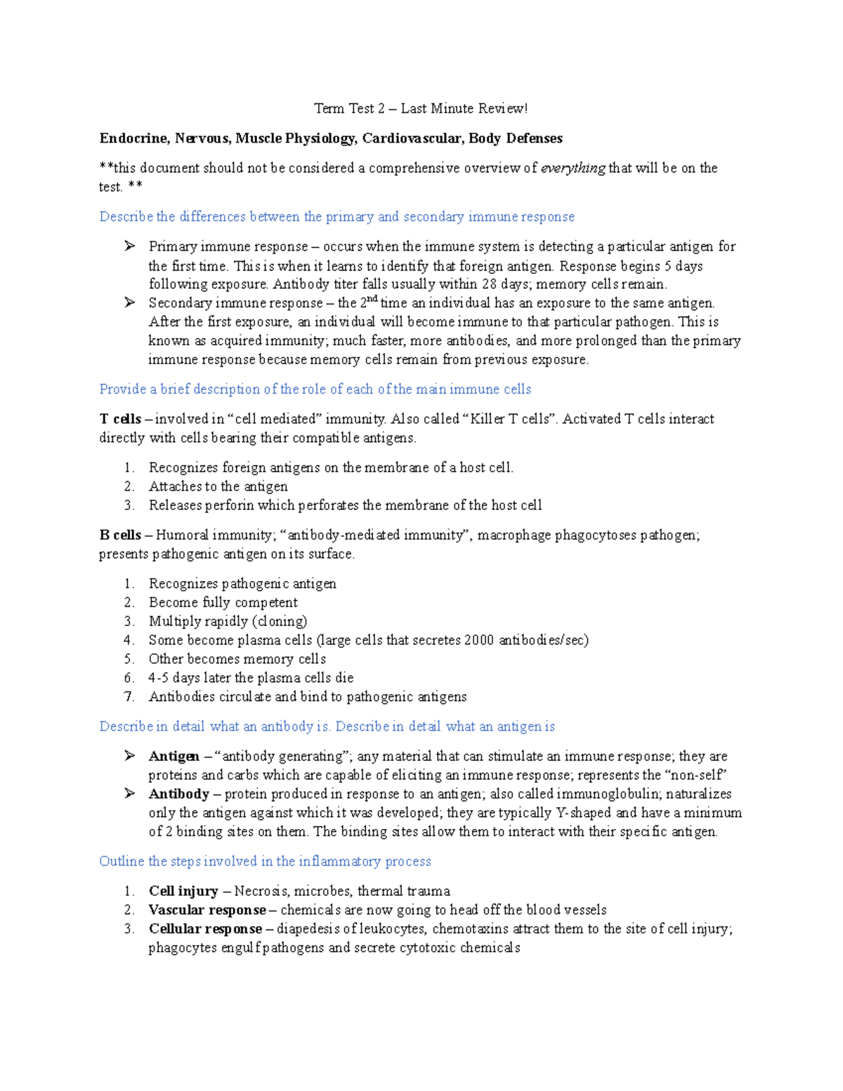 Physio 150 - test 2 review - Term Test 2 – Last Minute Review ...