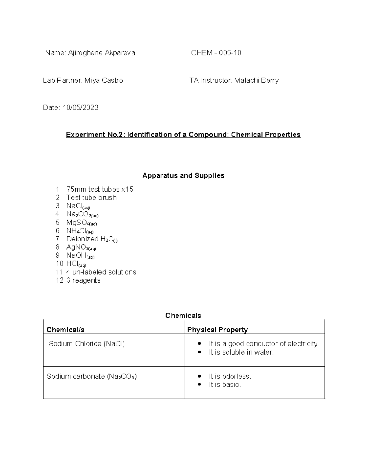 Lab 2 - lab report - Name: Ajiroghene Akpareva CHEM - 005- Lab Partner ...
