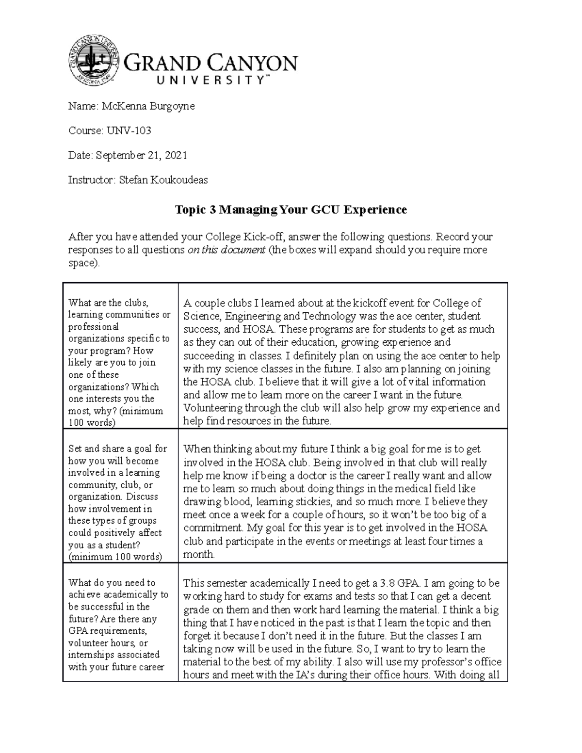 Managing Your GCU Experience - Record your responses to all questions ...