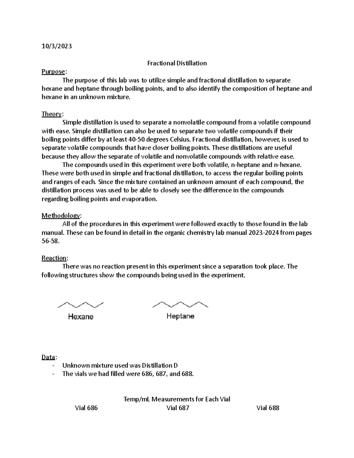 Experiment 7 - 10/3/ Fractional Distillation Purpose: The purpose of ...