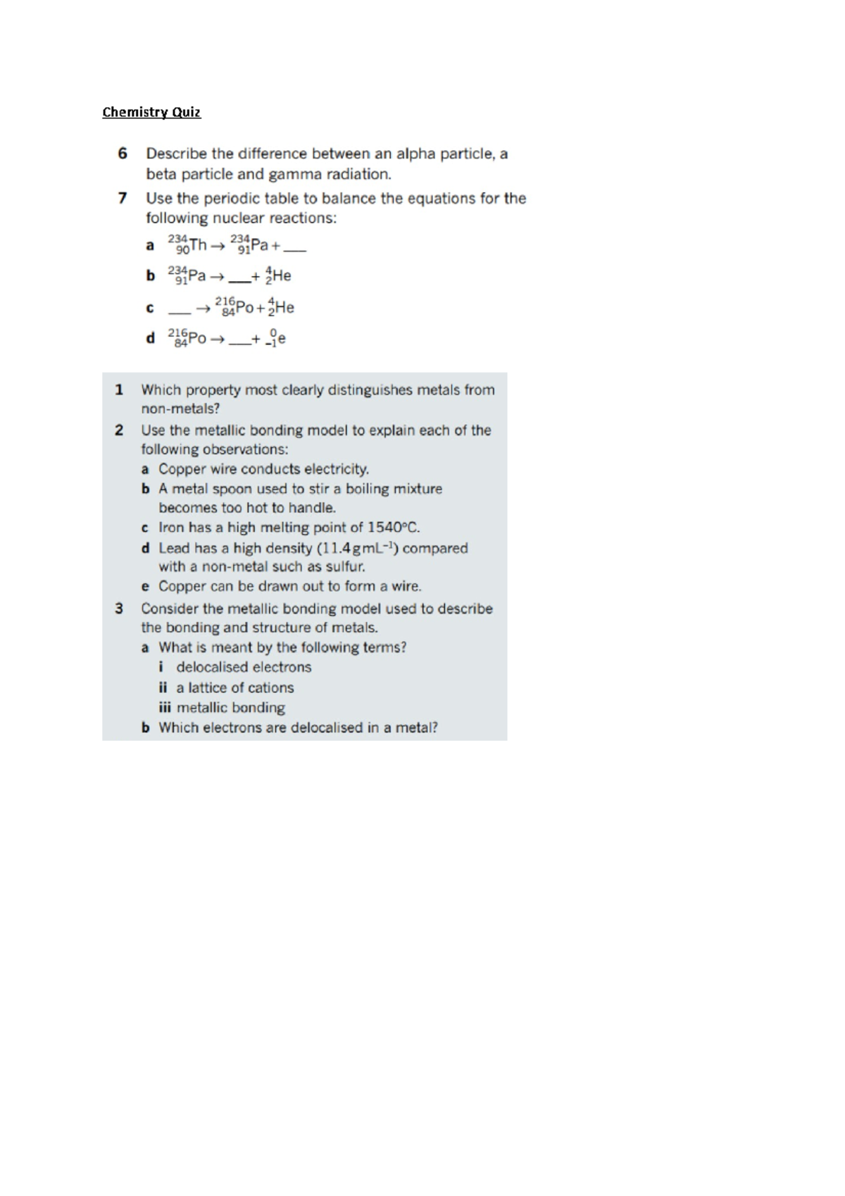 Chem quiz - Practice quiz - QCF255 - Chemistry Quiz - Studocu