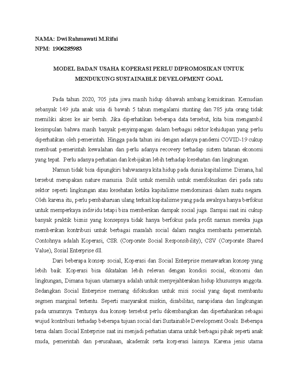 Koperasi Kinarya - NAMA: Dwi Rahmawati M NPM: 1906285983 MODEL BADAN ...