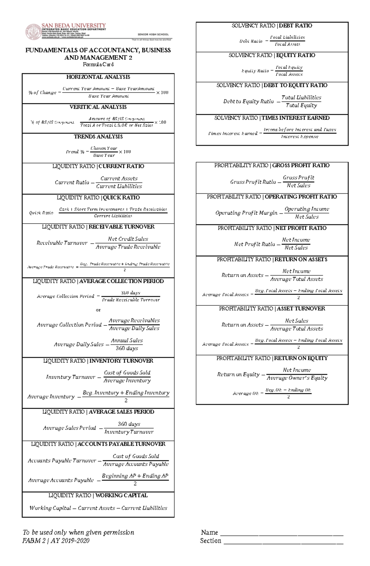 Formula Card FABM 2 - Accounting - To be used only when given ...