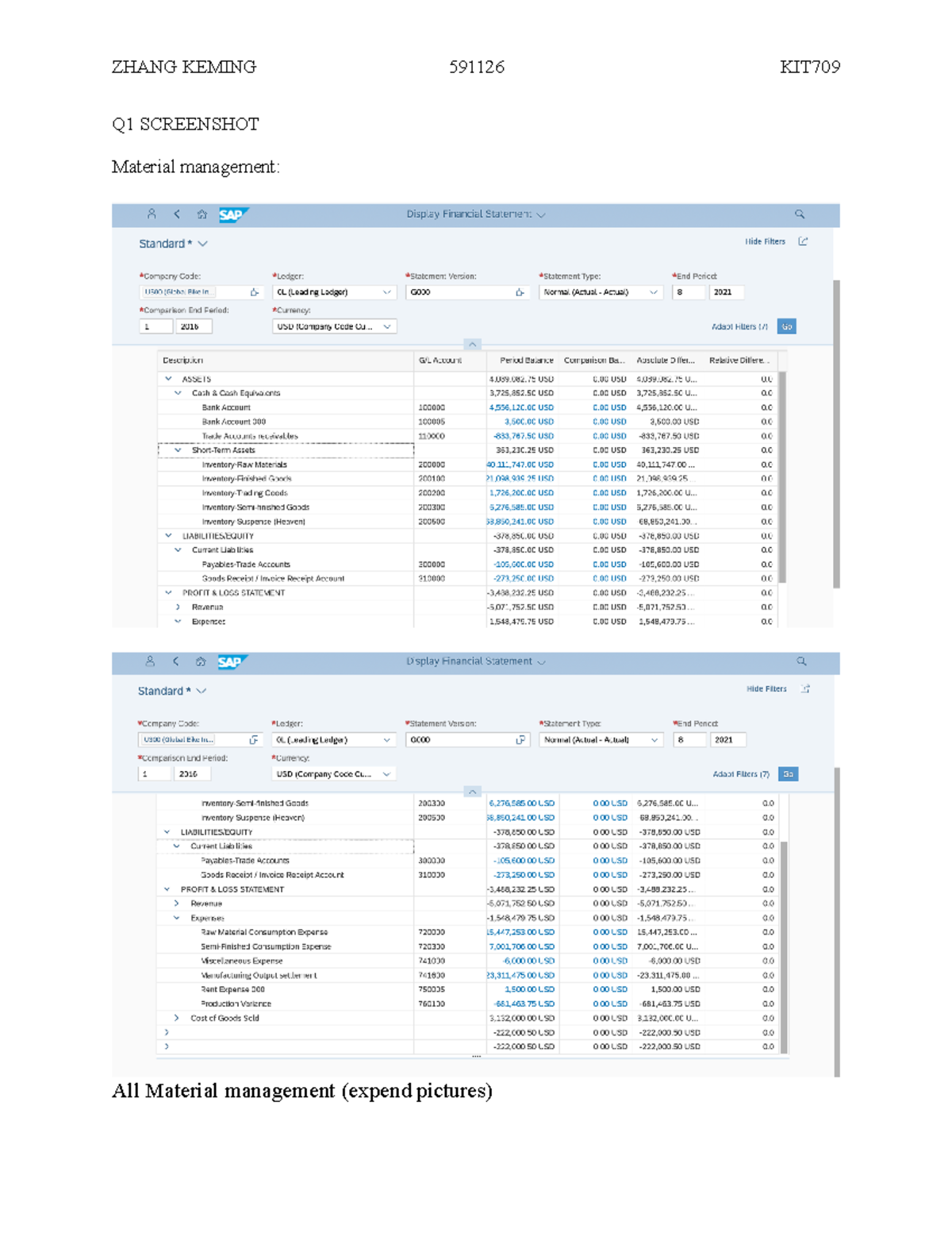 SAP Assignment 2 Keming Zhang 591126 - Q1 SCREENSHOT Material ...