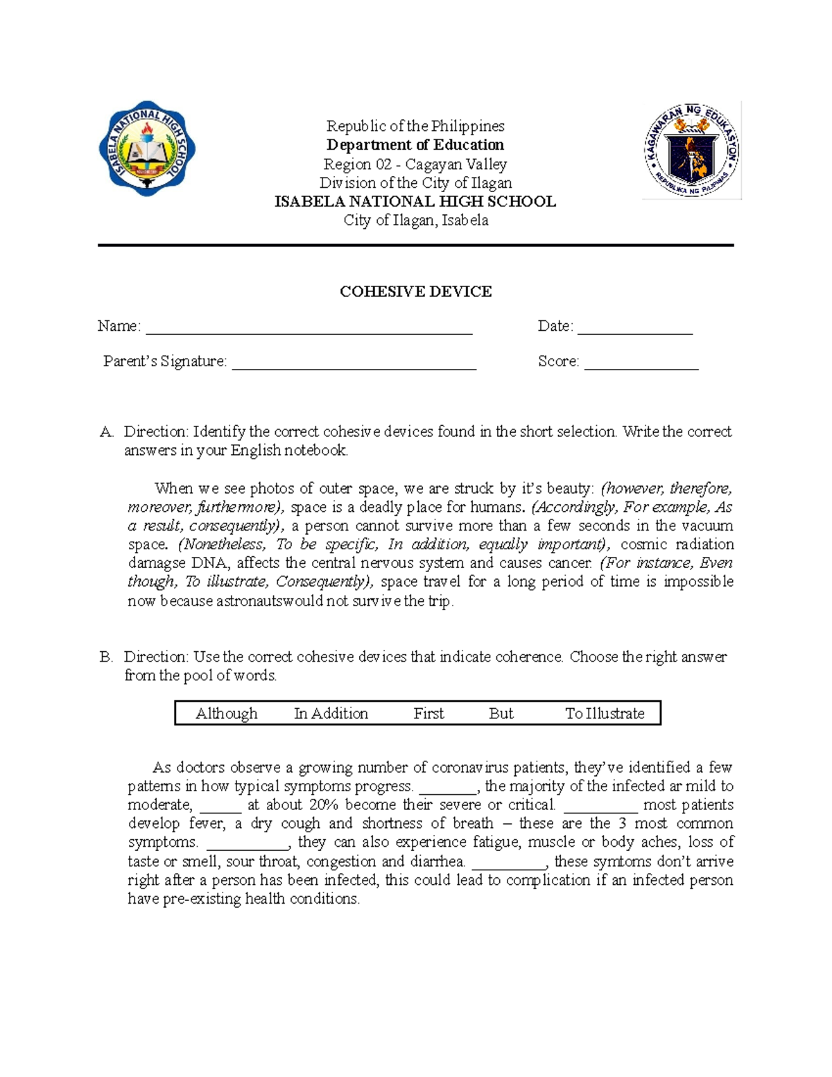 Cohesive Device Activity Sheet - Republic of the Philippines Department ...