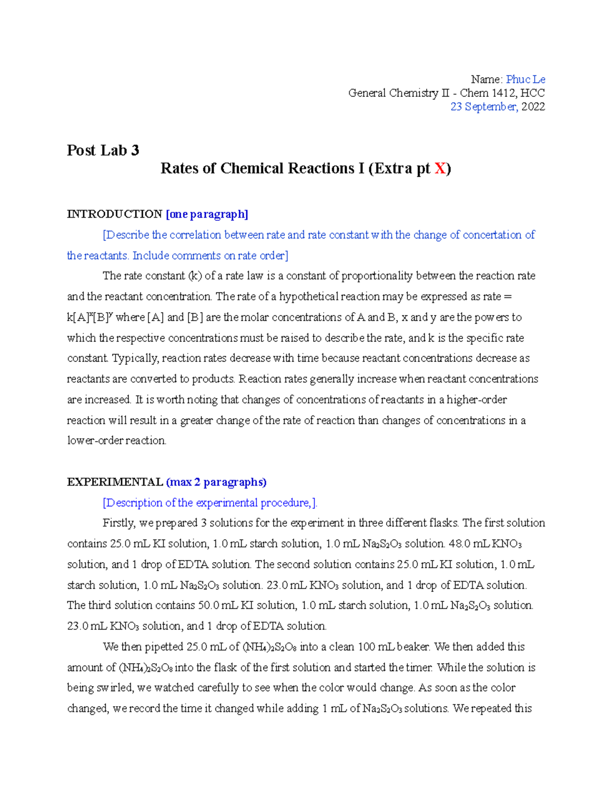 Experiment 3 Rate of Chemical Reactions CHEM 1412 - Name: Phuc Le ...