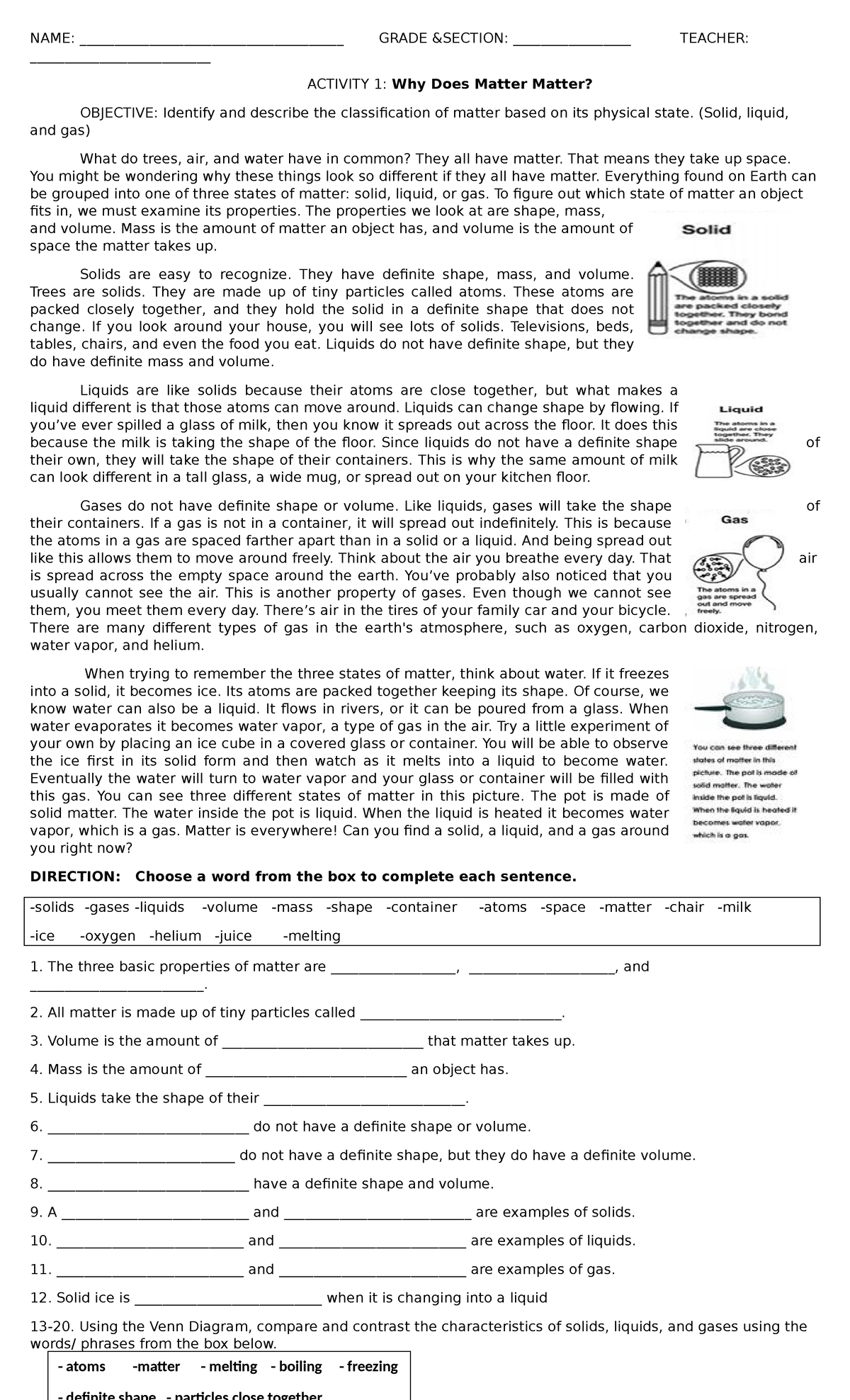 Activity 1- Physical - Properties- Classification OF Matter - NAME ...