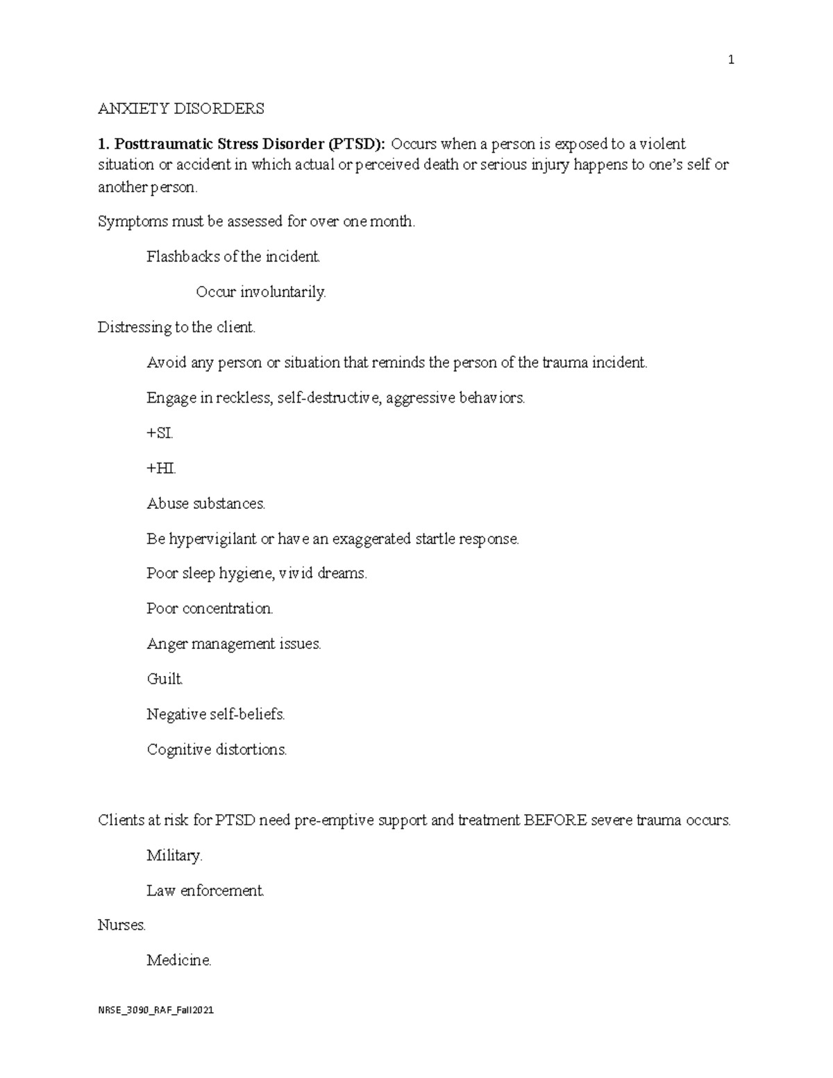 Anxiety Disorders Notes - ANXIETY DISORDERS 1. Posttraumatic Stress ...