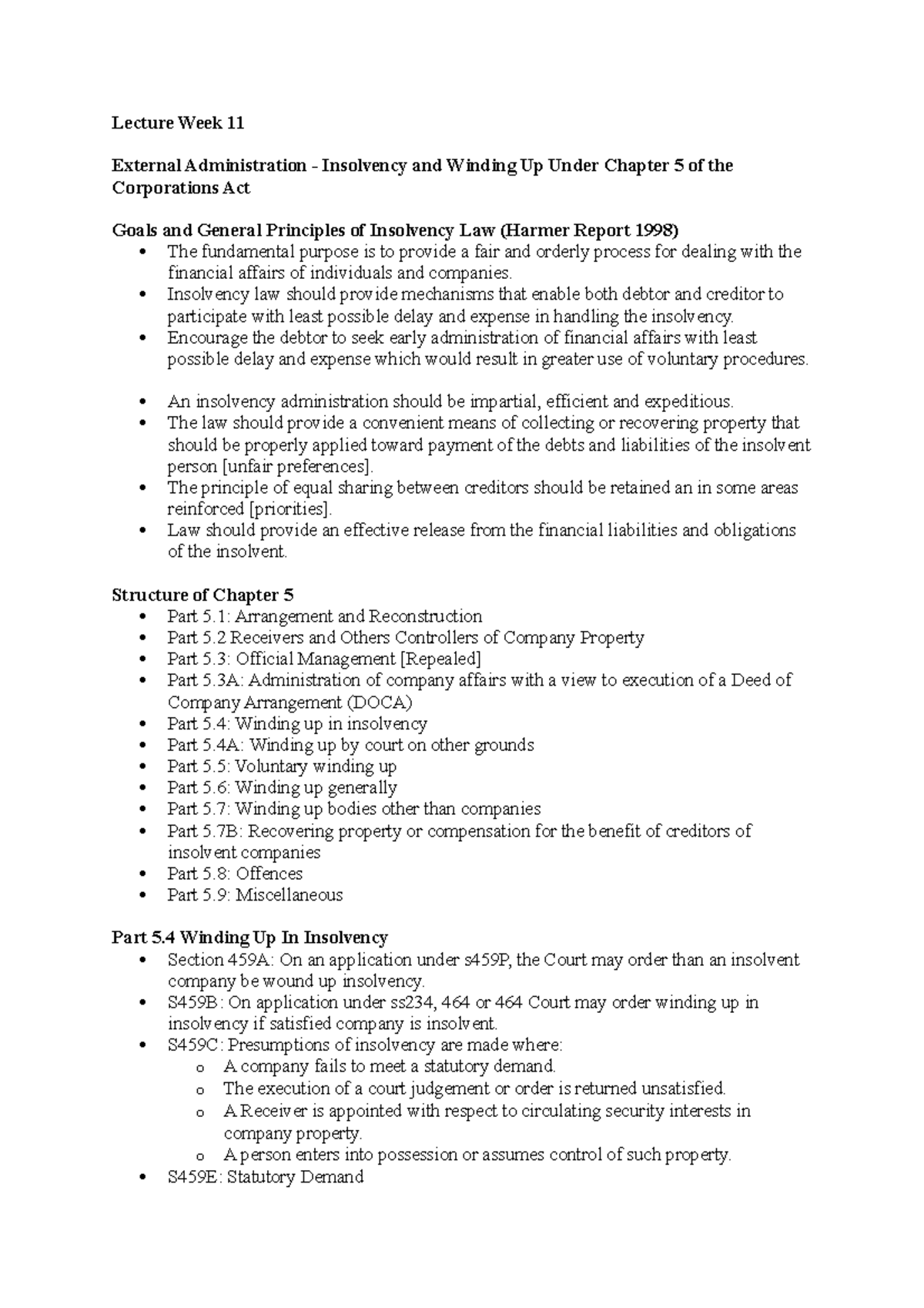 Lecture Week 11 - Professor Geoff Nicoll - Lecture Week 11 External Administration - Insolvency ...