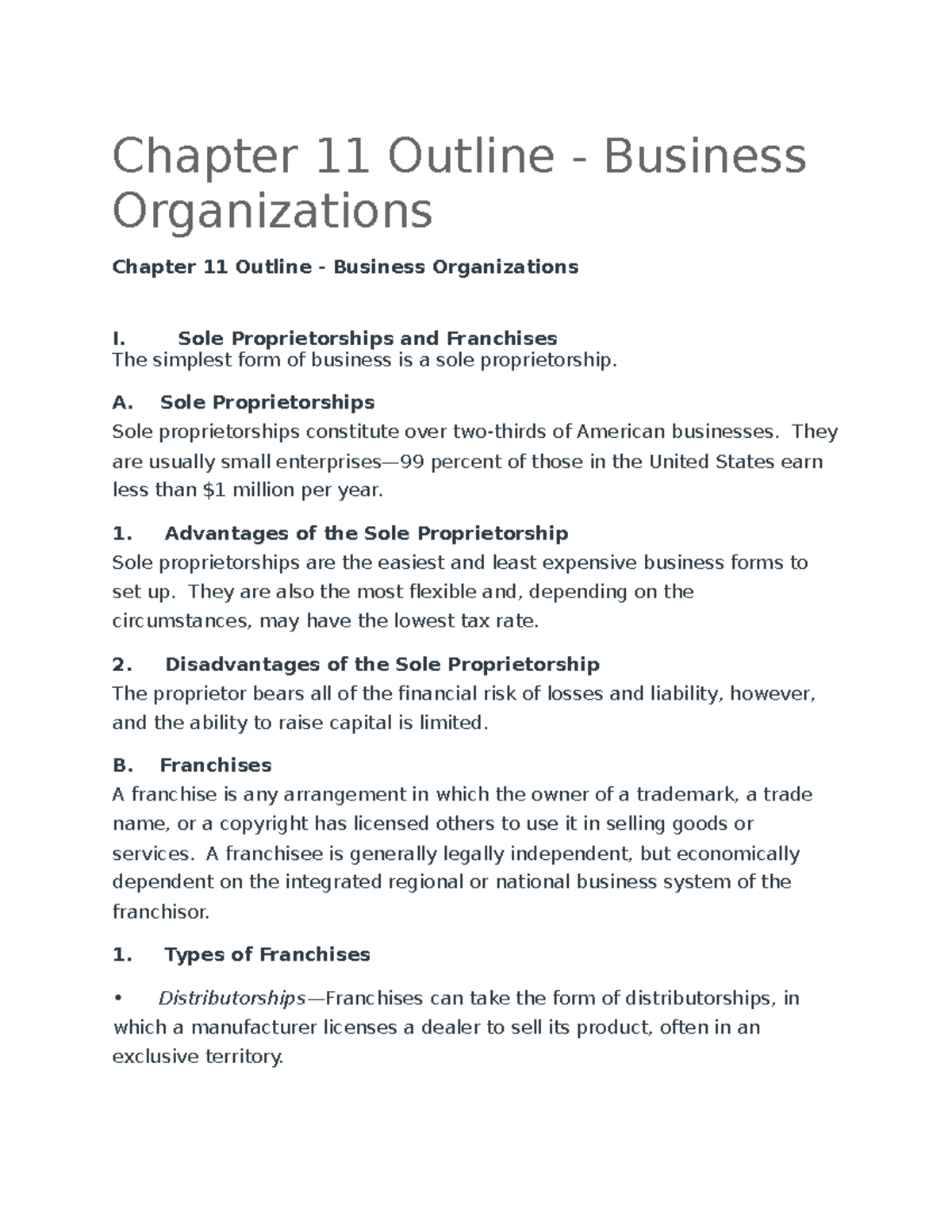 Chapter 11 Outline - Business Organizations - Chapter 11 Outline ...