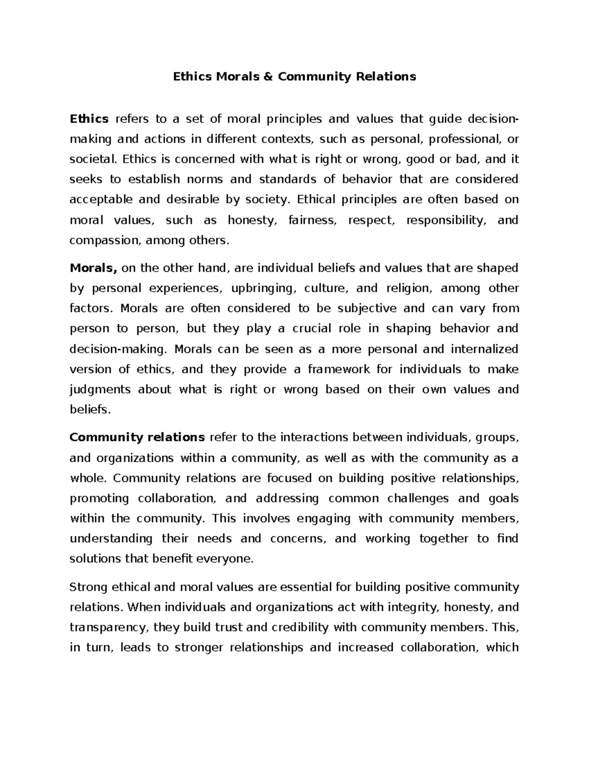 Ethics Morals - topical report - Ethics Morals & Community Relations ...
