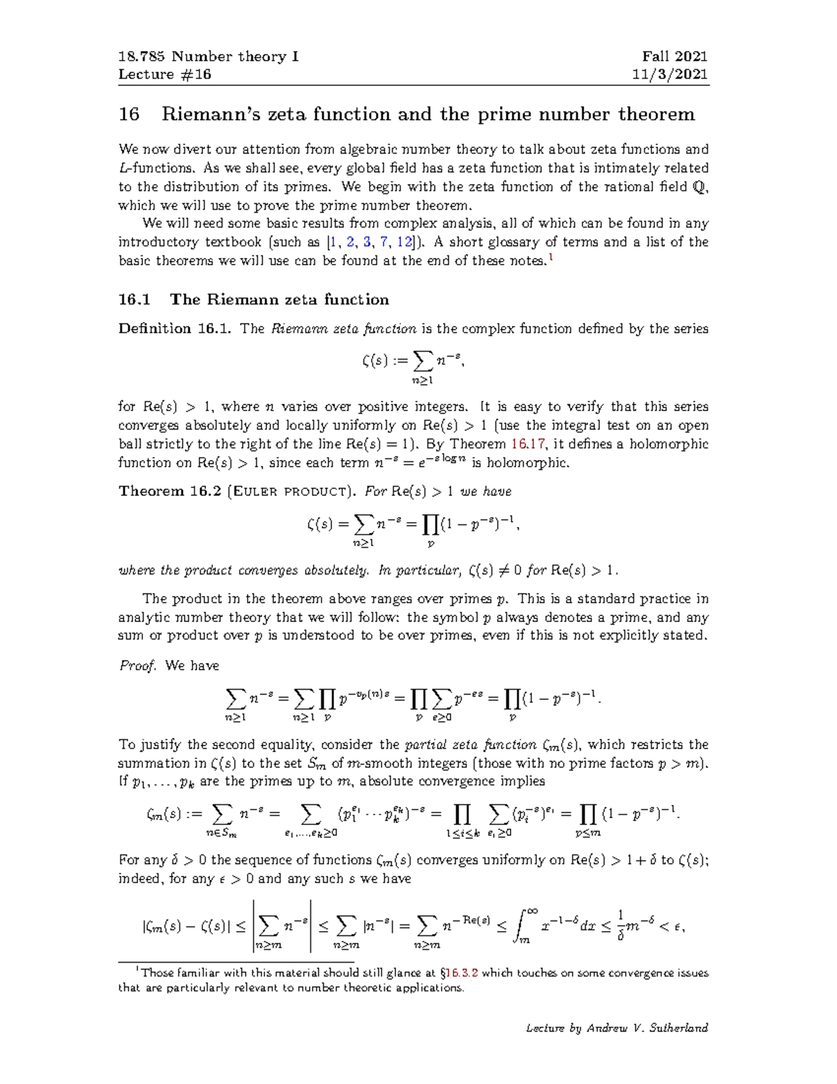 Number Theory I Lecture 16 - 18 Number theory I Lecture # Fall 2021 11/3/ 16 Riemann’s zeta ...