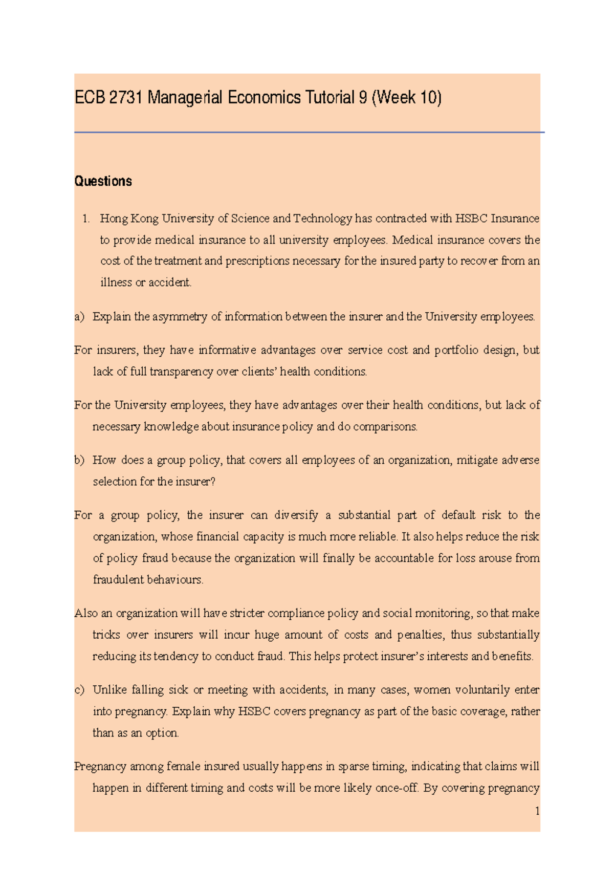 ECB2731 Tutorial 9 Week 10 - ECB 2731 Managerial Economics Tutorial 9 ...