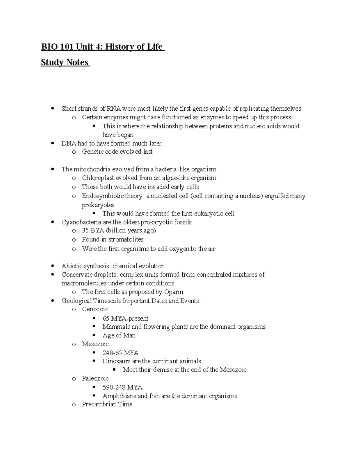 BIO 101 Unit 4 Study Notes - BIO 101 Unit 4: History of Life Study ...