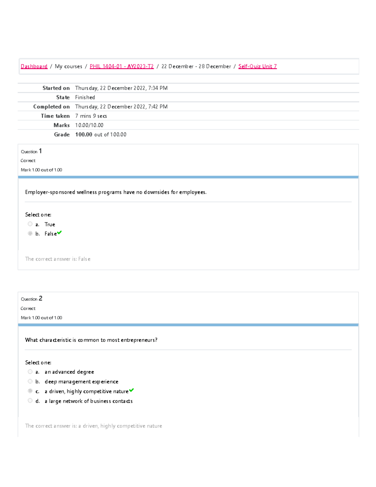 Ethics Self-Quiz 7 - Self-Quiz Unit 7 (100%) - Started on Thursday, 22 ...