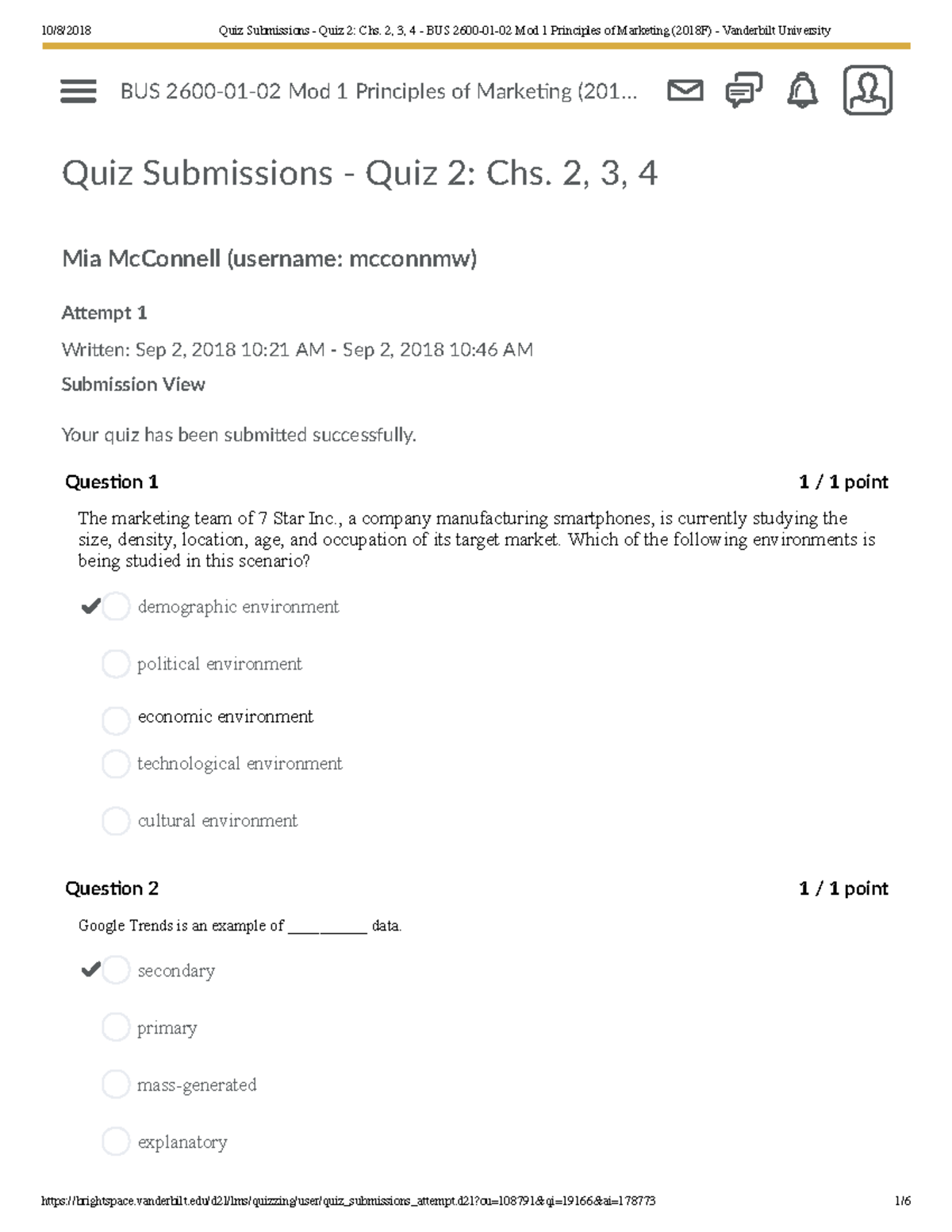 Quiz Submissions - Quiz 2- Chs. 2, 3, 4...keting (2018 F) - Vanderbilt University - Quiz ...