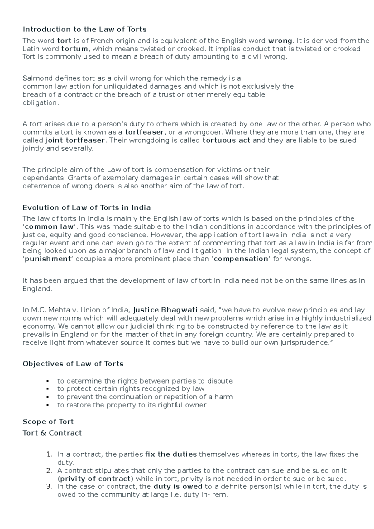 Unit 1st notes - Introduction to the Law of Torts The word tort is of ...