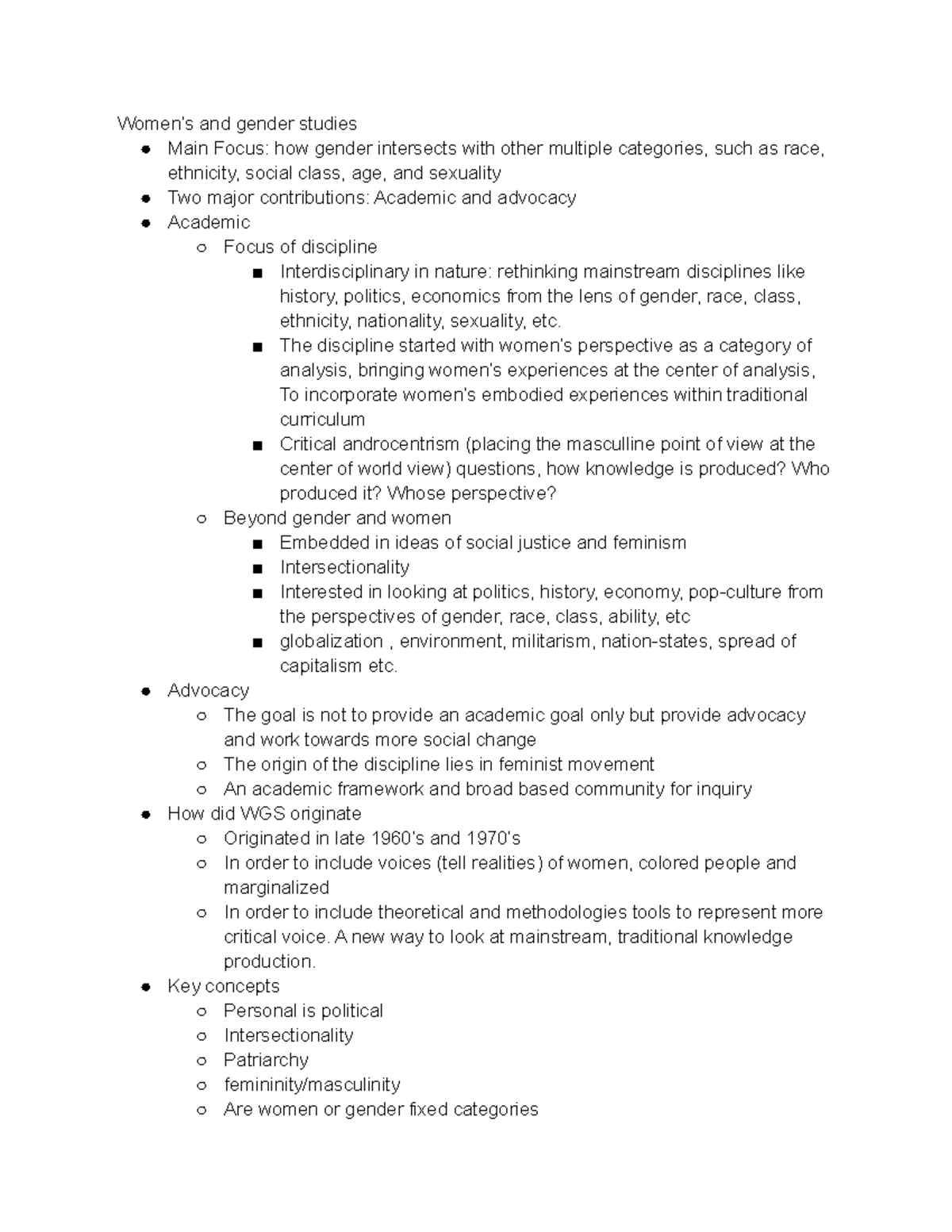WGSS 1105 Notes - Women’s and gender studies Main Focus: how gender ...