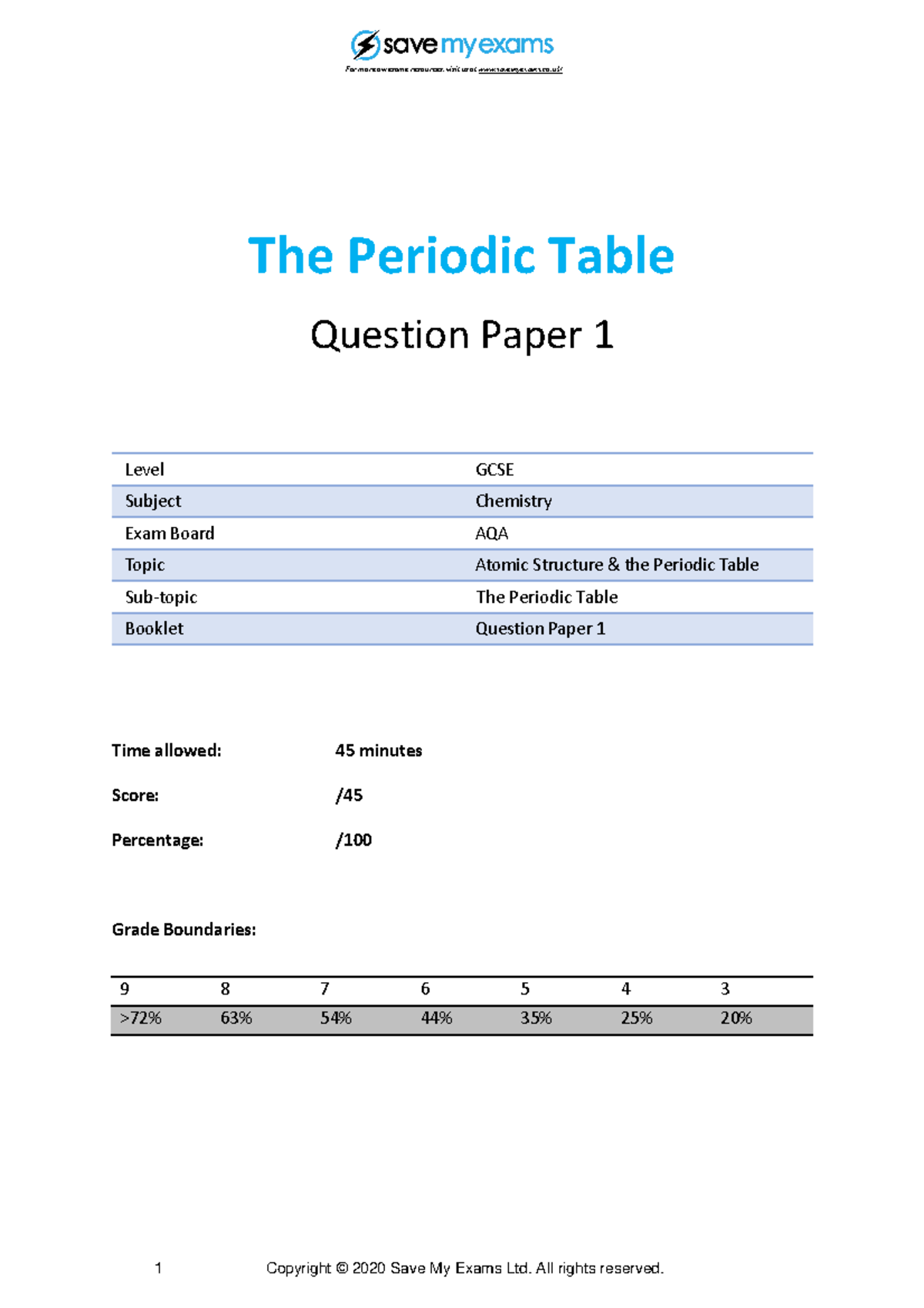 Physio practice - The Periodic Table Question Paper 1 Time allowed: 45 ...