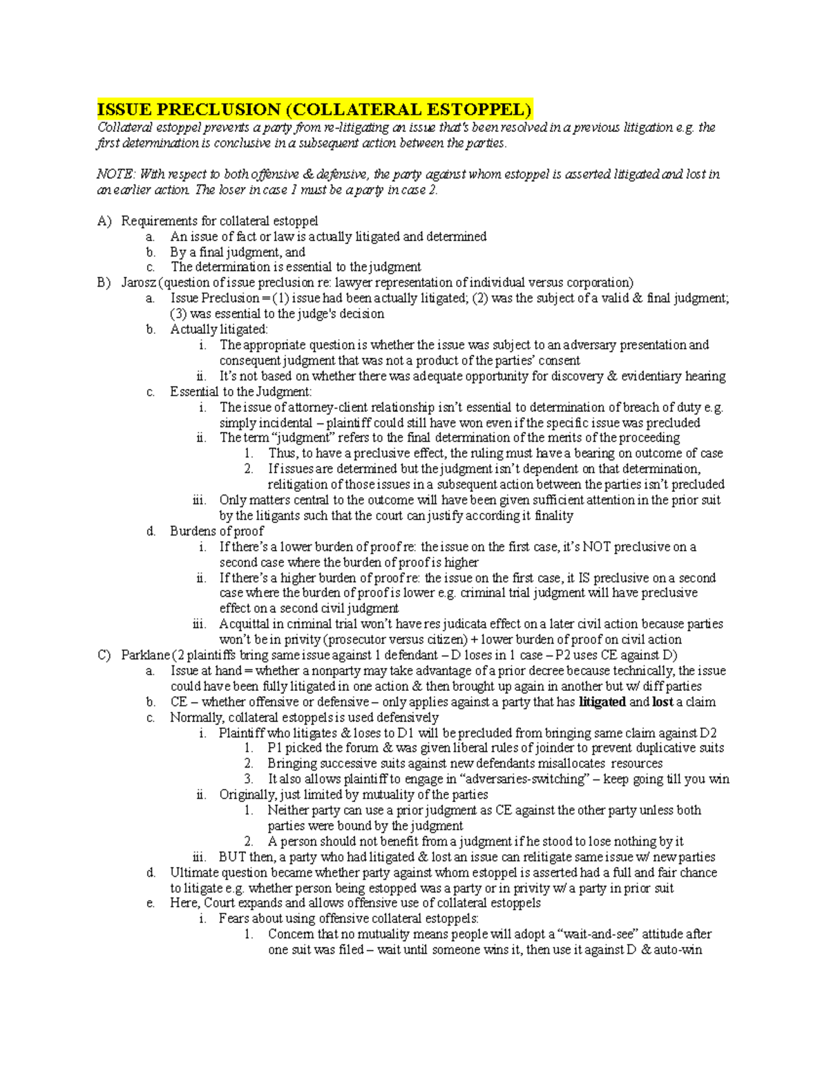 Civil procedure - Prof Wilson 1 - ISSUE PRECLUSION (COLLATERAL ESTOPPEL ...