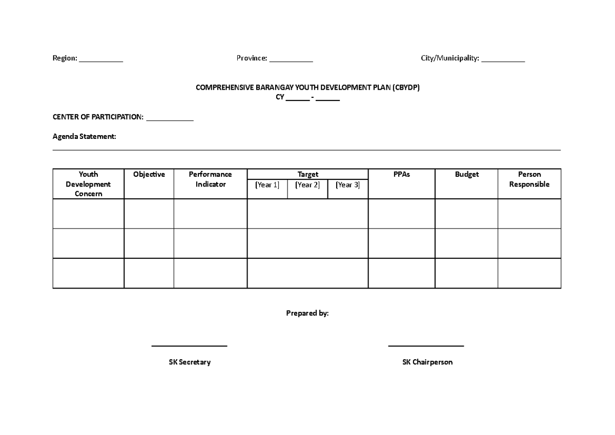Comprehensive Barangay Youth Development Plan Cbydp - Region ...